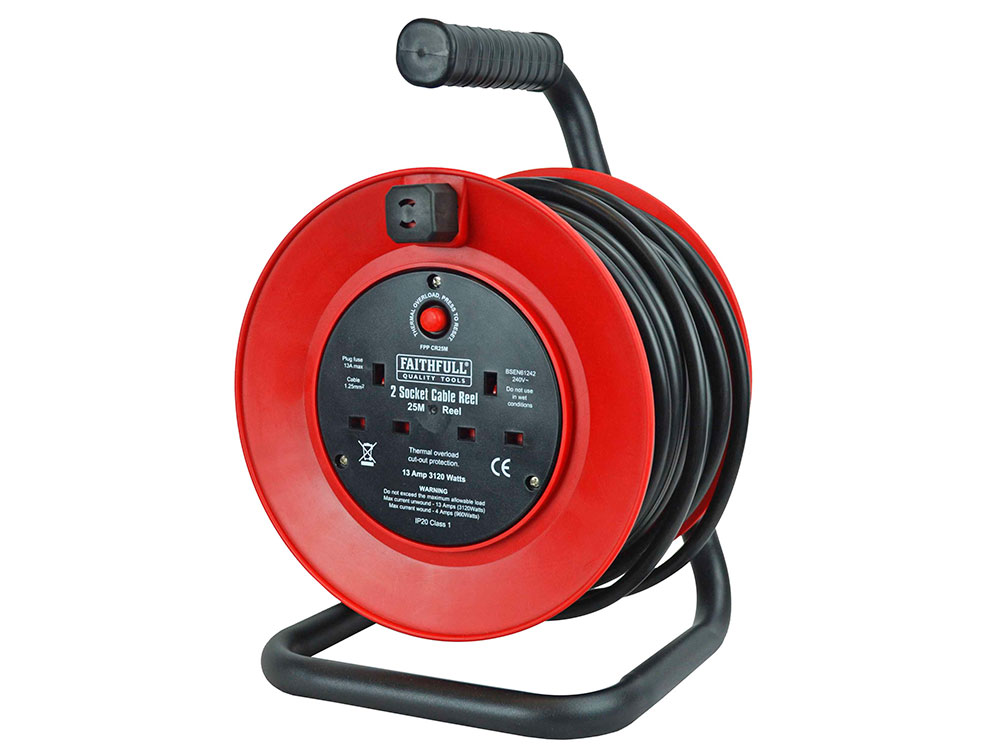 Faithfull 2 Socket 25 Metre Cable Reel 240V Open Drum - FPPCR25M